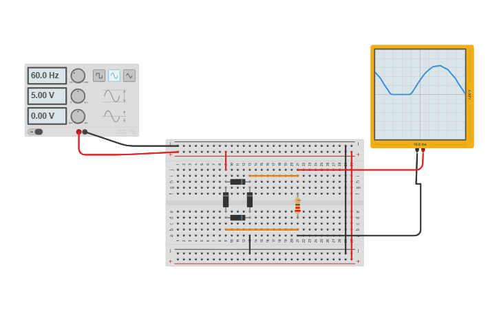Circuit design Transformador y diodo - Tinkercad