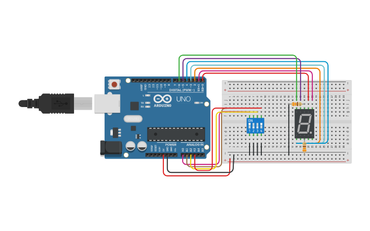 Circuit design binario a hexadecimal - Tinkercad