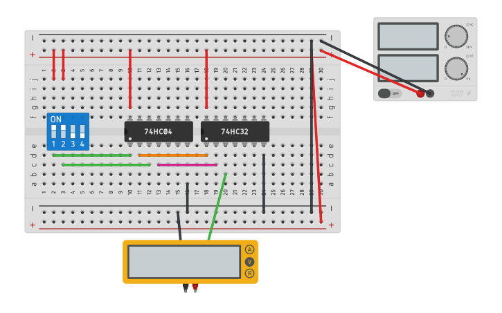 Circuit design 7404 + 7432 | Tinkercad