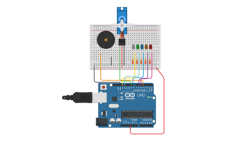 Circuit design Montaje Buzzer, Servomotor, Leds en Arduino - Tinkercad
