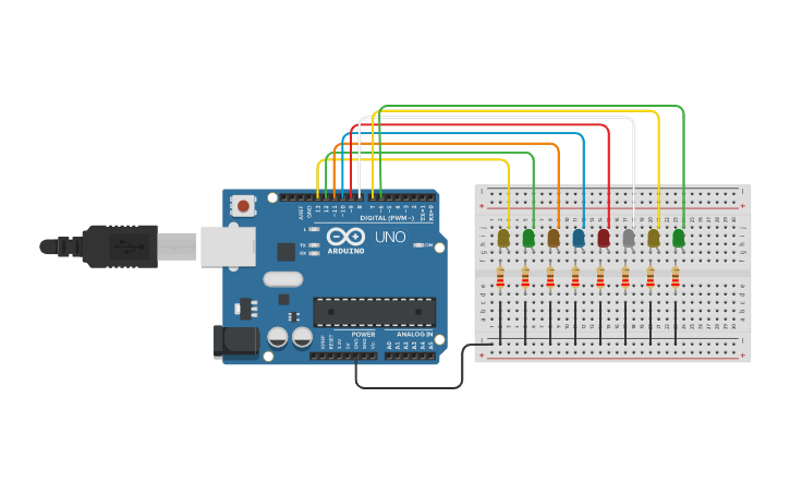 Circuit design Programando 8 leds - Tinkercad