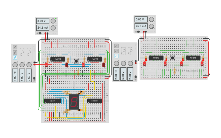 Circuit design 74HC73 + CD4511 + 74HC00 | Tinkercad