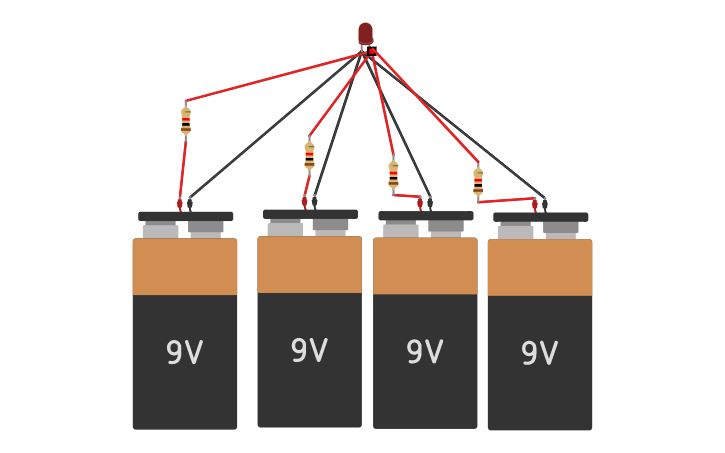 Circuit design 4 9V batteries resistor LED aka. WHY?! | Tinkercad
