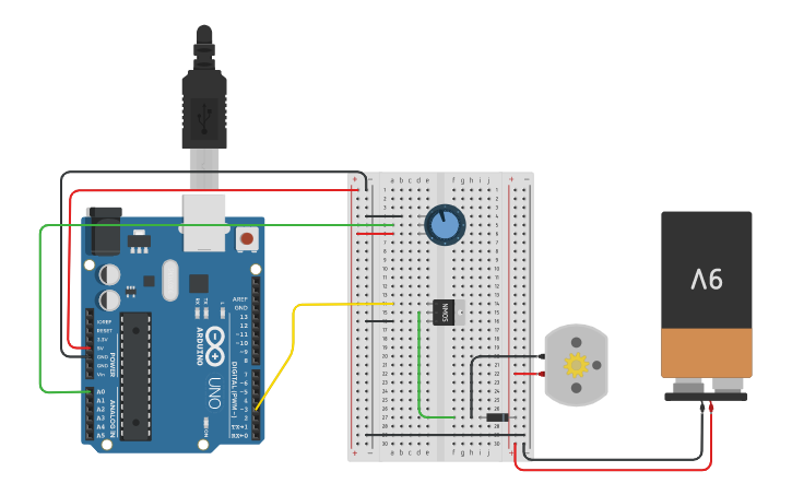 Circuit design Piloter un moteur avec un transistor et un potentiometre - Tinkercad