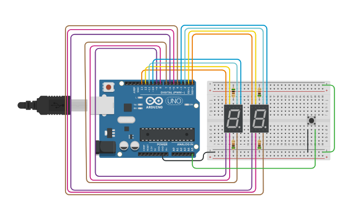 Circuit design 2 Digit Random Number 7 - Segment Display Pushbutton - Tinkercad