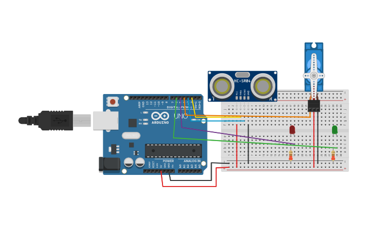 Circuit design Practica 7 sensor ultrasonido con servomotor - Tinkercad Circuit design Practica 7 sensor ultrasonido con servomotor - Tinkercad