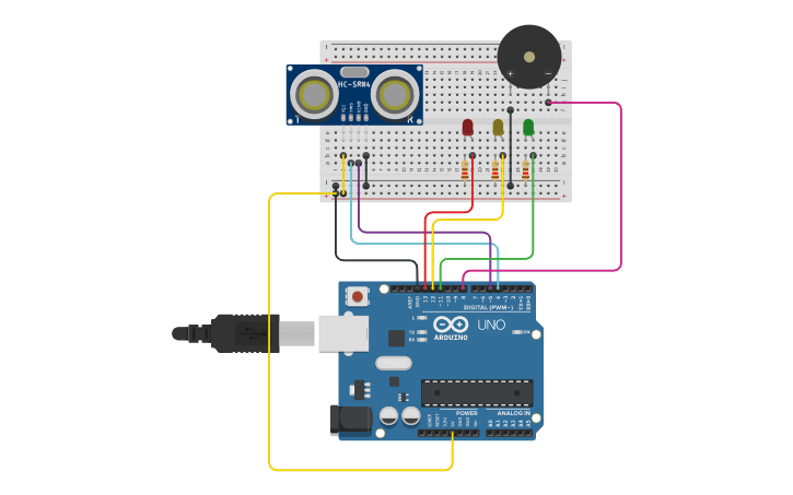 Circuit design SENSOR DE DISTANCIA CON LED Y ZUMBADOR - Tinkercad