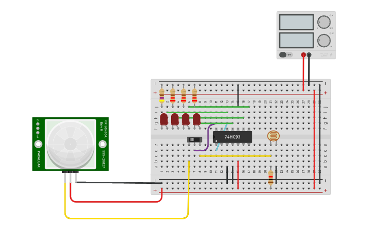Circuit design contador binario + sensor | Tinkercad