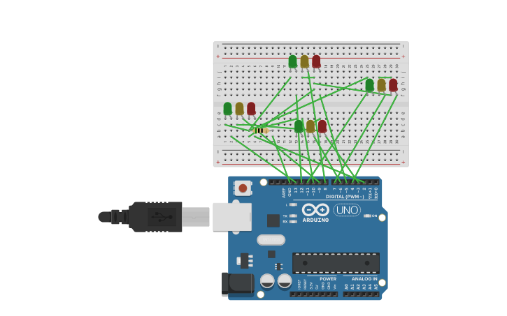 Circuit design 4 way traffic signal - Tinkercad
