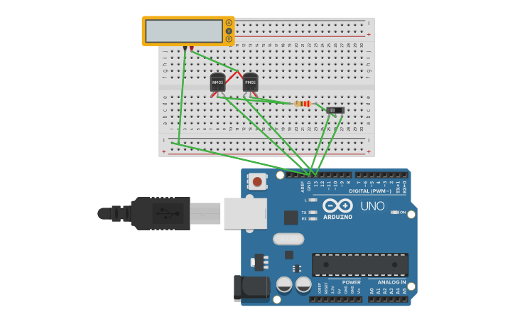 Circuit design Porta NOT com cMOS | Tinkercad