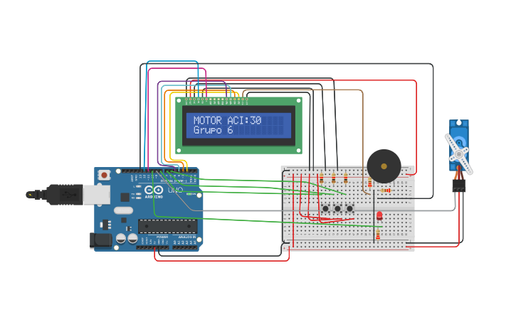 Circuit design Lab 2 pulsadores con servo - Tinkercad
