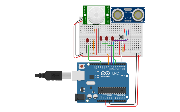 Circuit design Copy of PIR with Ultrasonic sensor and interrupt - Tinkercad Circuit design Copy of PIR with Ultrasonic sensor and interrupt - Tinkercad