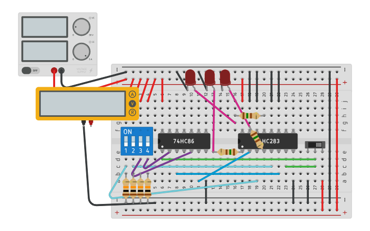 Circuit design Somador/Subtrator com 74HC283 - Tinkercad