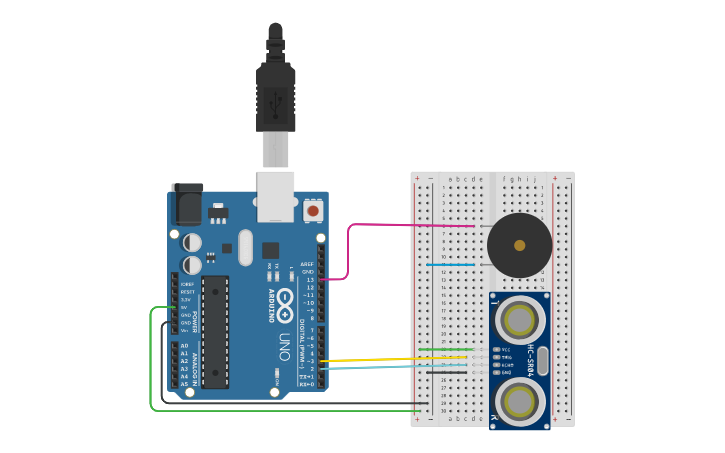 Circuit design Ultrasonic Sensor with Buzzer - Tinkercad Circuit design Ultrasonic Sensor with Buzzer - Tinkercad