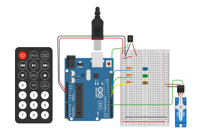 Circuit design IR remote code with servo - Tinkercad
