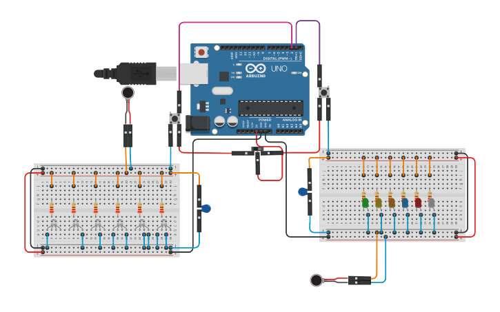 Circuit design ENCENDIENDO 2 TIPOS DE LED DISTINTOS Y VIBRADORES KBK - Tinkercad
