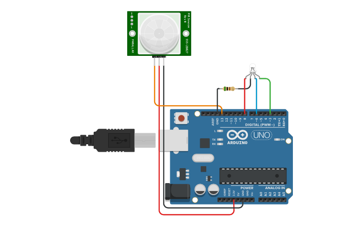 Circuit design Arduino sensor gerak | Tinkercad