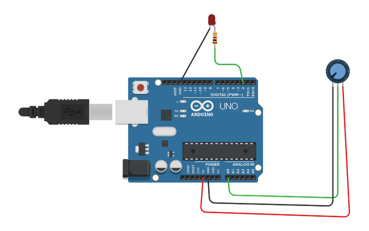 Circuit design ข้อ 6 VR ควบคุม LED 1 ดวง - Tinkercad