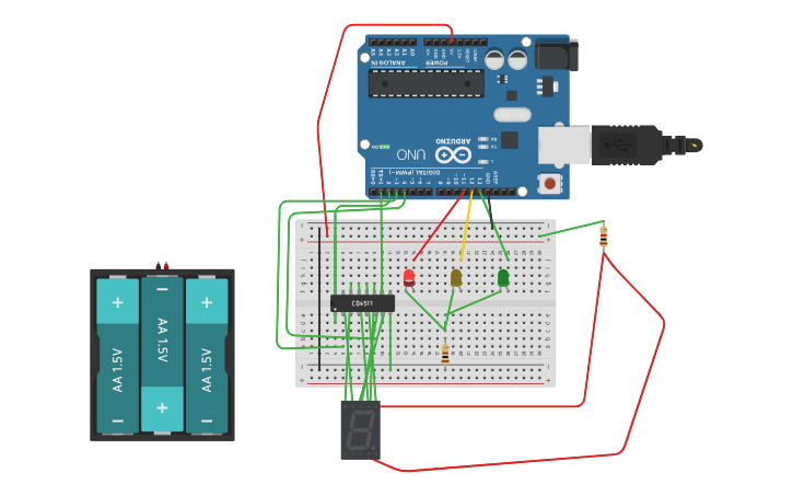 Circuit design ไฟจราจรแบบมีตัวเลขนับถอยหลัง โดยใช้ arduino - Tinkercad