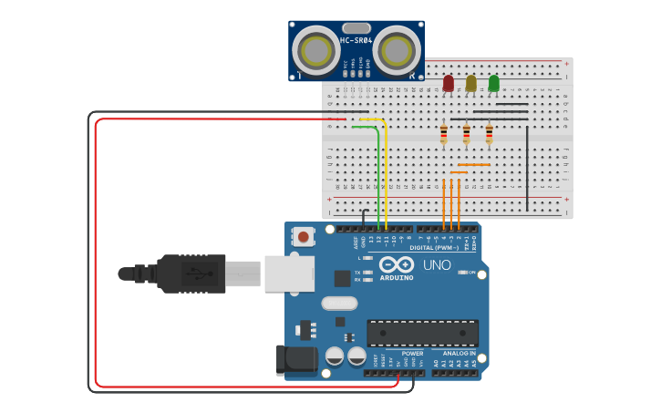 Circuit design Measure distance using Ultrasonic Sensor and LED | Tinkercad