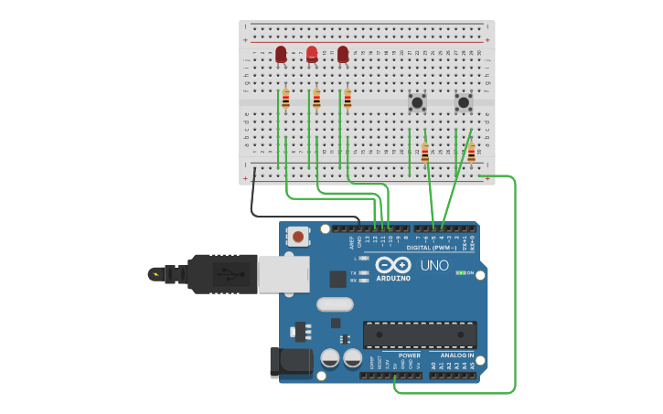 Circuit design Led a due pulsanti - Tinkercad