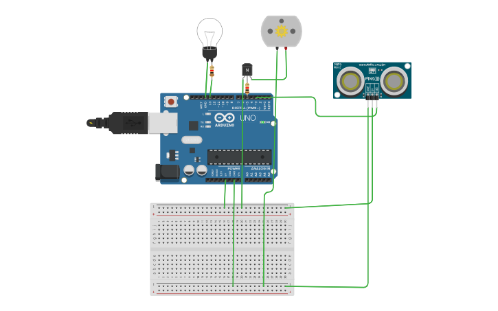 Circuit design Ultrasonic Sensor based LED and DC motor - Tinkercad