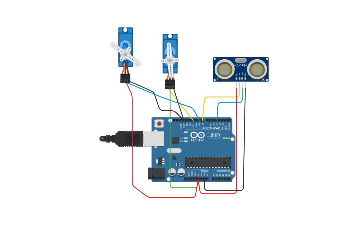 Circuit design HC-SR04 2 SERVO - Tinkercad