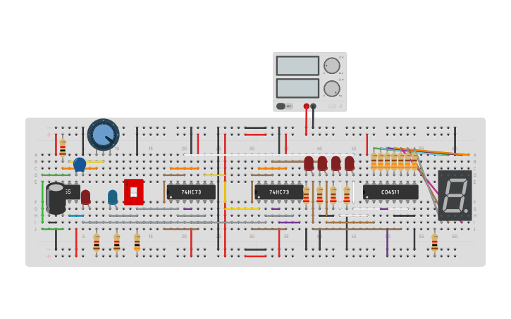 Circuit design Contador binario a decimal - Tinkercad