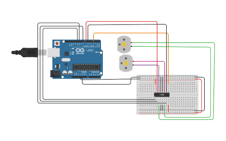 Circuit design Copy of 2 DC Motors using H-BRIDGE | Tinkercad