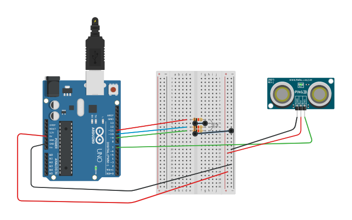 Circuit design Ultrasonic sensor and RGBLed_Nabila | Tinkercad