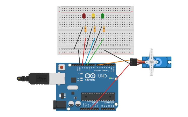 Circuit design LEDS AND SERVO | Tinkercad