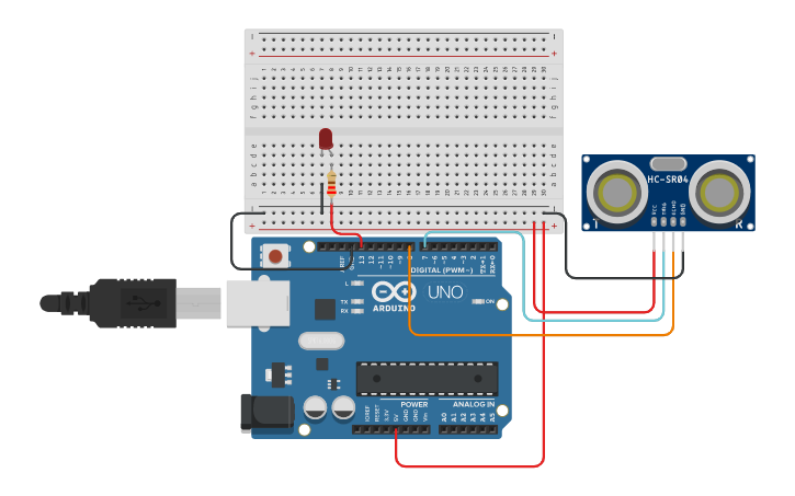 Circuit design led y sensor ultrasónico | Tinkercad