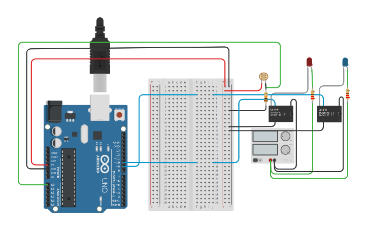 Circuit design LDR + LED + Relay - Tinkercad