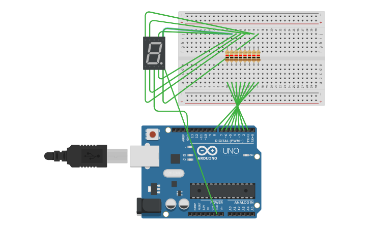 Circuit design 7 segment_1 common cathode | Tinkercad