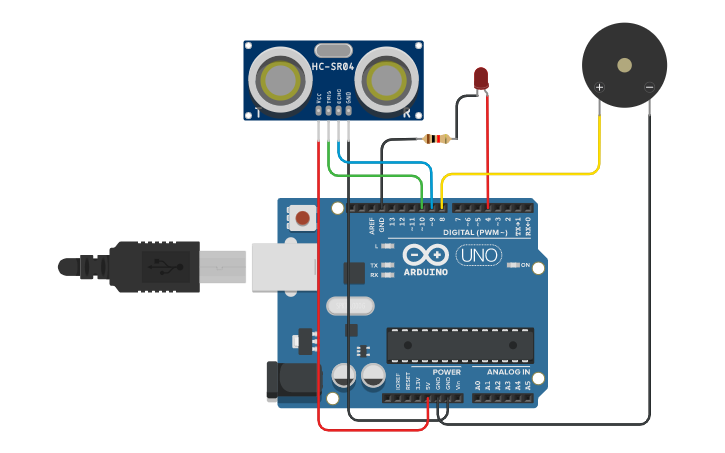 Circuit Design Rangkaian Sensor Jarak Dengan Speaker Dan Led Tinkercad
