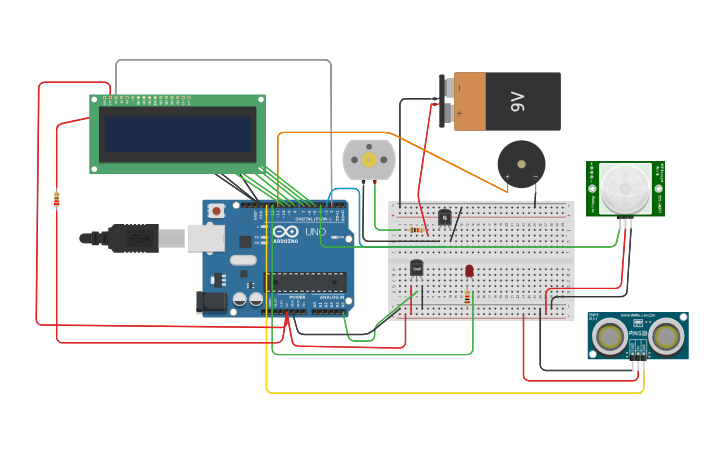 Circuit design Sensores de temperatura, movimiento y distancia - Tinkercad