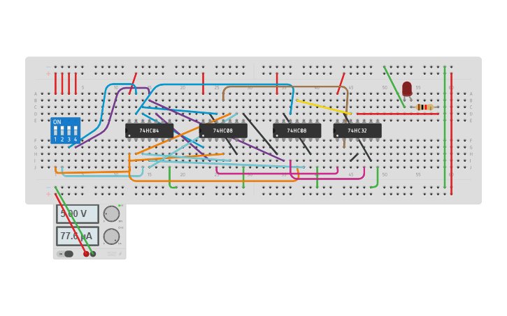 Circuit design c'd' + abc' + a'b'd + ab'c | Tinkercad