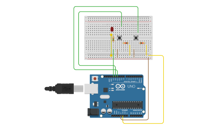 Circuit design LED on 2 buttons | Tinkercad