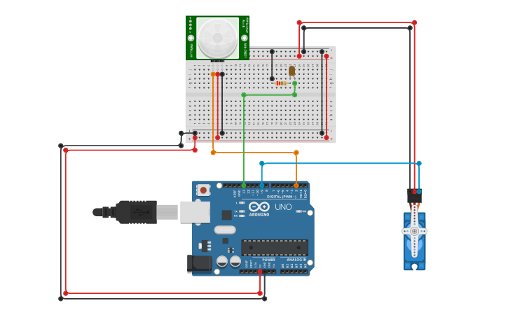 Circuit design PIR sensor and servo motor for simulation - Tinkercad