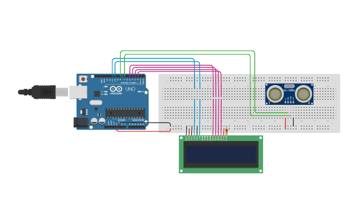 Circuit design Arevalo_Ultrasonic Sensor with LCD | Tinkercad