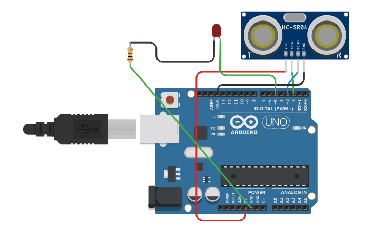 Circuit design UltraSonic sensor & Led using Code Blocks - Tinkercad