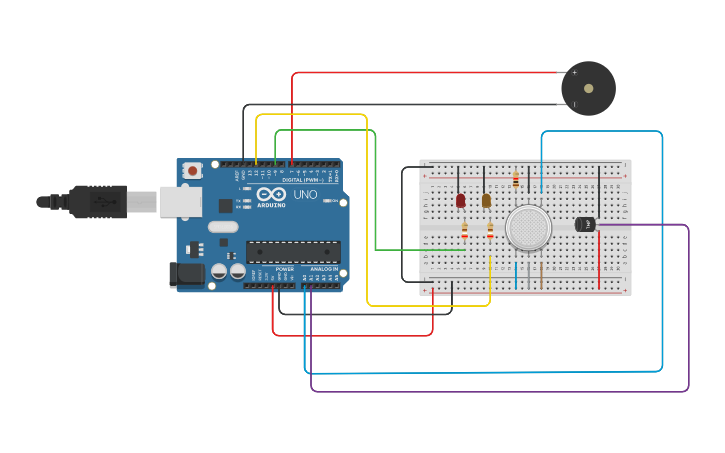 Circuit design Fire and Smoke Alarm - Tinkercad