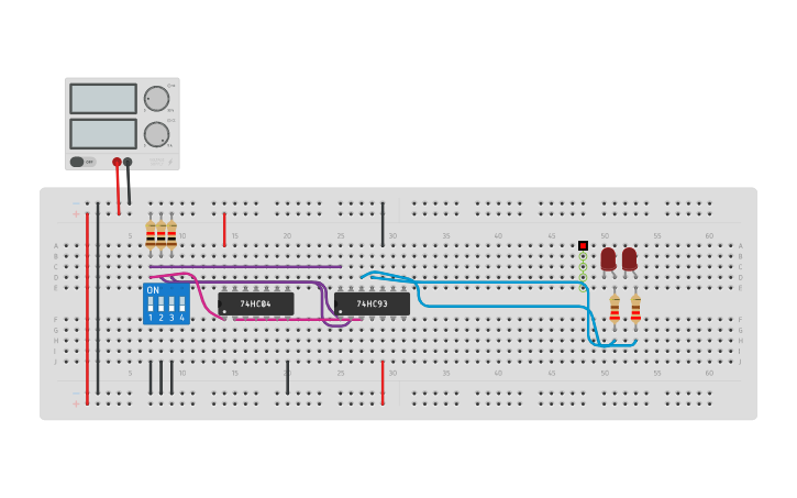 Circuit design .7 Contador Binario Multi-Etapa (usar 74HC93) | Tinkercad