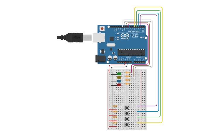 Circuit design 4 Button com 4 LED - Tinkercad