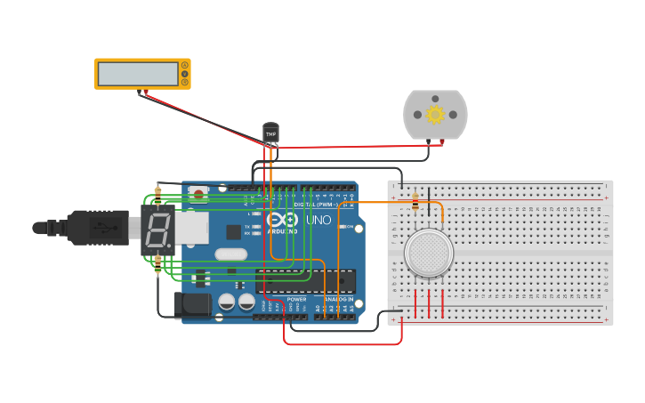Circuit design Temperature sensor, Gas sensor, DC motor, 7 segment ...