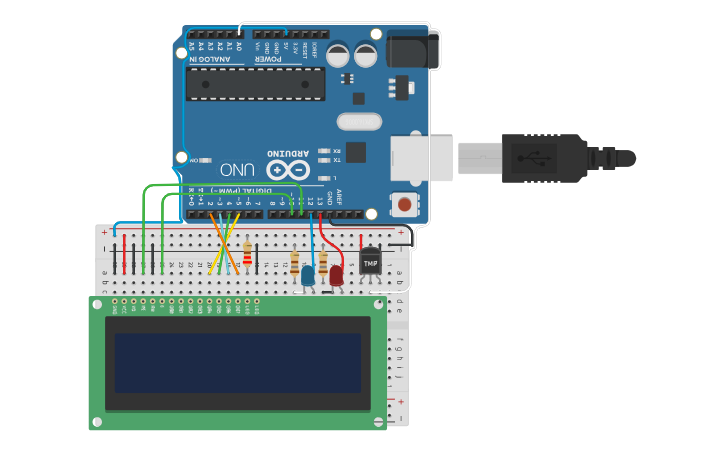 Circuit design LCD temperatura com led professor - Tinkercad