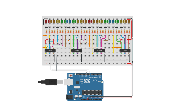 Circuit design Copy of 32 LEDs flashing using 74HC595 | Tinkercad