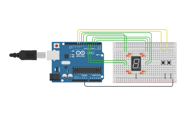 Circuit design Display 7 segmentos + Pull-up interno | Tinkercad