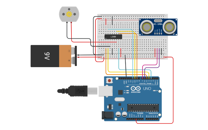 Circuit design Ultrasonic with motor controller - Tinkercad