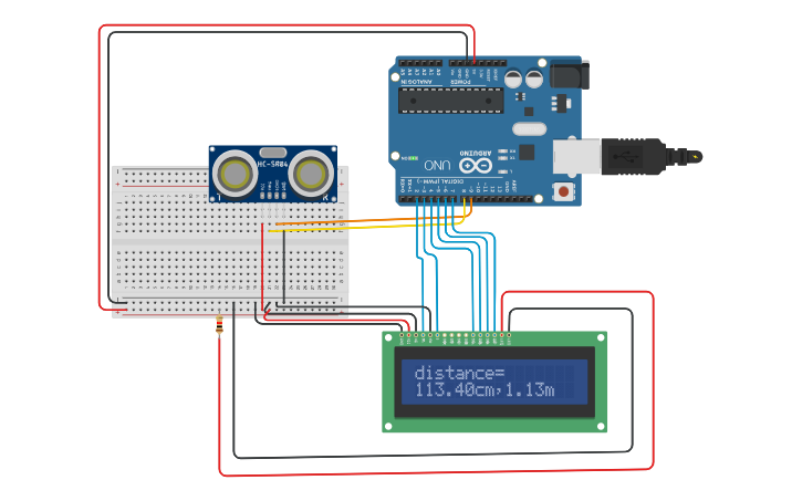 Circuit design LCD Display with Ultrasonic sensor alternative - Tinkercad